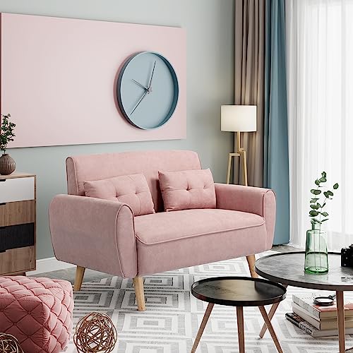 Vongrasig 47" Small Modern Loveseat Sofa, Mid Century Linen Fabric 2-Seat Sofa Couch Tufted Love Seat with Back Cushions and Tapered Wood Legs for Living Room, Bedroom and Small Space (Pink)