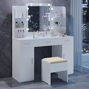 tolead modern makeup vanity desk with mirror and lights, hollywood mirror with 9 dimmable led bulbs & 3 lighting modes, white bedroom vanity with drawers, stool included, 45.27" w