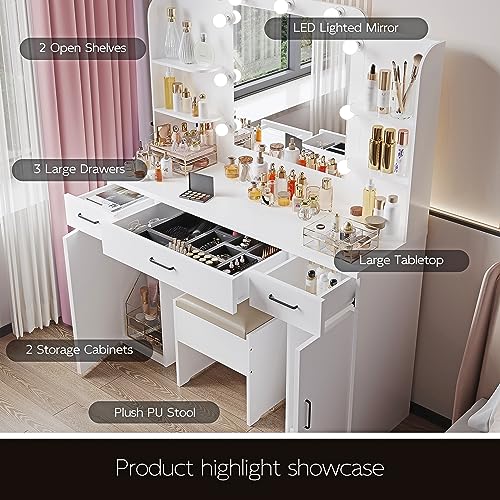 TOLEAD Modern Makeup Vanity Desk with Mirror and Lights, Hollywood Mirror with 9 Dimmable LED Bulbs & 3 Lighting Modes, White Bedroom Vanity with Drawers, Stool Included, 45.27" W