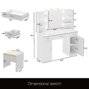 TOLEAD Modern Makeup Vanity Desk with Mirror and Lights, Hollywood Mirror with 9 Dimmable LED Bulbs & 3 Lighting Modes, White Bedroom Vanity with Drawers, Stool Included, 45.27" W