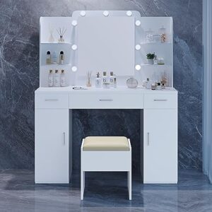 TOLEAD Modern Makeup Vanity Desk with Mirror and Lights, Hollywood Mirror with 9 Dimmable LED Bulbs & 3 Lighting Modes, White Bedroom Vanity with Drawers, Stool Included, 45.27" W