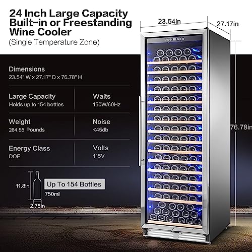 BODEGA 24 Inch Wine Cooler, 176 Bottles Large Capacity Frost Free Wine Fridge with Advanced Cooling Compressor for Red, Rose and Sparkling Wines,Built-in & Freestanding