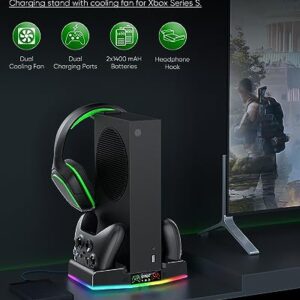 Cooling Stand & Charging Station for Xbox Series S with RGB Light Strip,Dual Charger of Controllers and Cooler Fan for XSS Console Accessories with 2*1400mAH Rechargeable Battery Pack,1*Headphone Hook