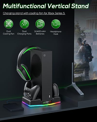 Cooling Stand & Charging Station for Xbox Series S with RGB Light Strip,Dual Charger of Controllers and Cooler Fan for XSS Console Accessories with 2*1400mAH Rechargeable Battery Pack,1*Headphone Hook