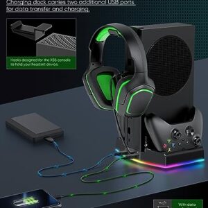 Cooling Stand & Charging Station for Xbox Series S with RGB Light Strip,Dual Charger of Controllers and Cooler Fan for XSS Console Accessories with 2*1400mAH Rechargeable Battery Pack,1*Headphone Hook