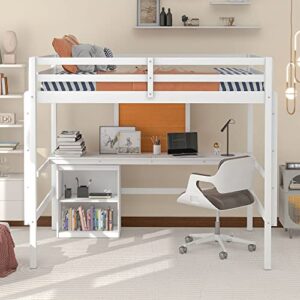 BIADNBZ Full Size Loft Bed with Desk and Writing Board, Wooden LoftBed with Desk & 2 Drawers Cabinet for Kids,White