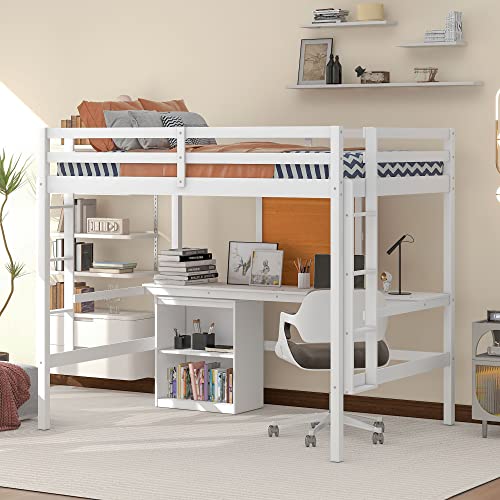 BIADNBZ Full Size Loft Bed with Desk and Writing Board, Wooden LoftBed with Desk & 2 Drawers Cabinet for Kids,White