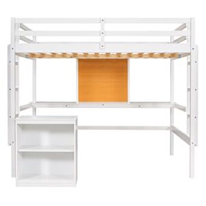 BIADNBZ Full Size Loft Bed with Desk and Writing Board, Wooden LoftBed with Desk & 2 Drawers Cabinet for Kids,White