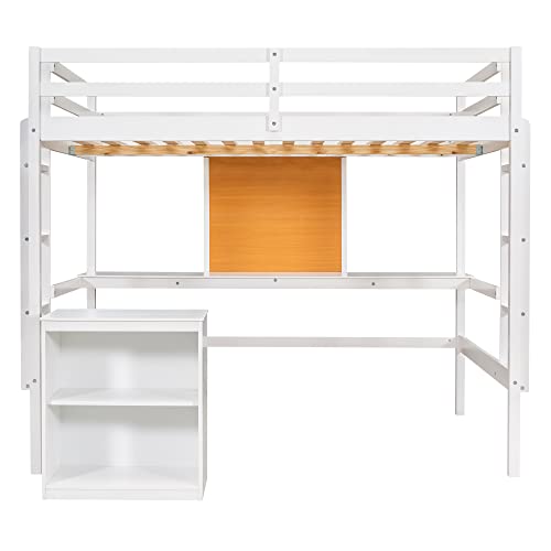 BIADNBZ Full Size Loft Bed with Desk and Writing Board, Wooden LoftBed with Desk & 2 Drawers Cabinet for Kids,White