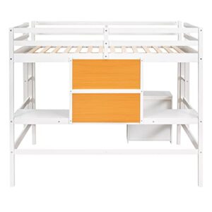 BIADNBZ Full Size Loft Bed with Desk and Writing Board, Wooden LoftBed with Desk & 2 Drawers Cabinet for Kids,White