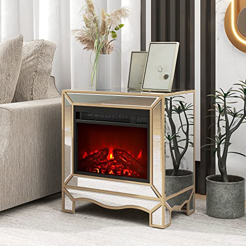 AUWHALEUS Small Silver Mirrored Electric Fireplace 1500W Corner Fireplace Heater for Apartment, Living Room, Bedroom, 23.2" W x 13.4“D x 24.4”H