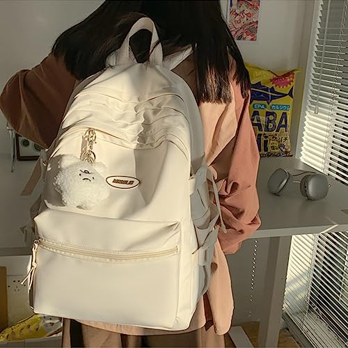 DUNBRI Kawaii Backpack with Cute Plush Pendant Aesthetic Casual Travel Work Backpack 36 to 55L (White)