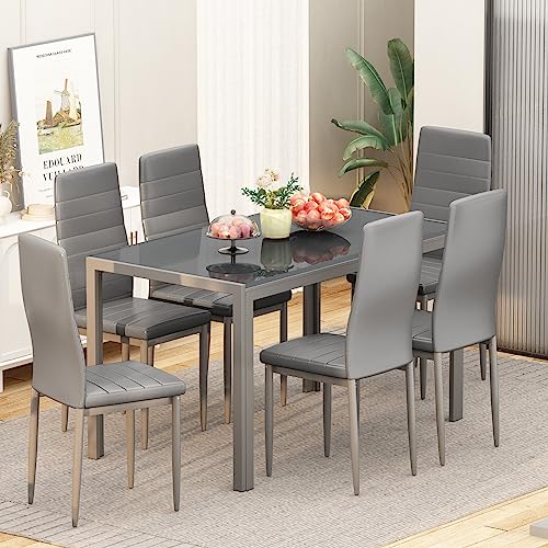 Recaceik Glass Dining Table Sets for 6, 7 Piece Kitchen Table and Chairs Set for 6 Person, Tempered Glass Table and PU Leather Chairs Modern Dining Room Sets for Small Dinette Apartment