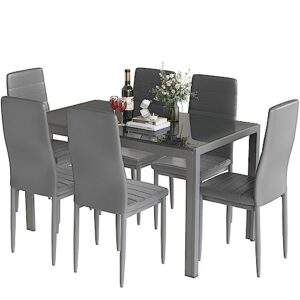 Recaceik Glass Dining Table Sets for 6, 7 Piece Kitchen Table and Chairs Set for 6 Person, Tempered Glass Table and PU Leather Chairs Modern Dining Room Sets for Small Dinette Apartment