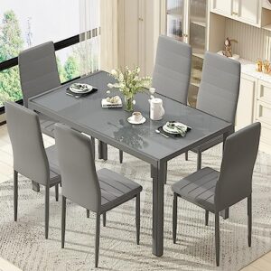 Recaceik Glass Dining Table Sets for 6, 7 Piece Kitchen Table and Chairs Set for 6 Person, Tempered Glass Table and PU Leather Chairs Modern Dining Room Sets for Small Dinette Apartment