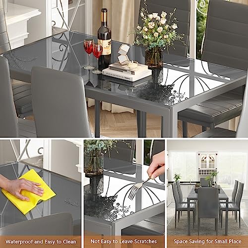 Recaceik Glass Dining Table Sets for 6, 7 Piece Kitchen Table and Chairs Set for 6 Person, Tempered Glass Table and PU Leather Chairs Modern Dining Room Sets for Small Dinette Apartment