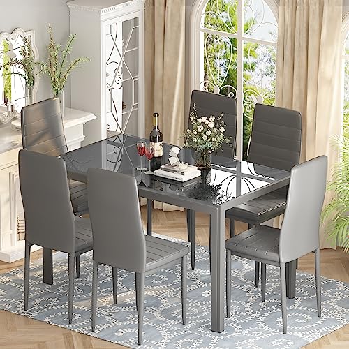 Recaceik Glass Dining Table Sets for 6, 7 Piece Kitchen Table and Chairs Set for 6 Person, Tempered Glass Table and PU Leather Chairs Modern Dining Room Sets for Small Dinette Apartment