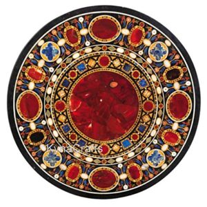 48 x 48 Inches Antique Pattern Inlay Work Meeting Table Top for Office Decor Round Shape Black Marble Dining Table with Elegant Look