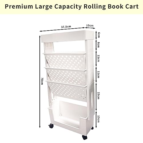 Mobile Bookshelf with Wheels, 5 Tier Multi-Functional Rolling Utility Cart with Pen Holder for Office, Dorm, Classroom, Kitchen, White*1pack