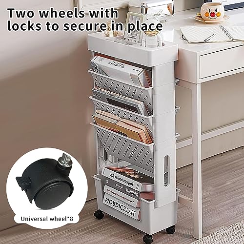 Mobile Bookshelf with Wheels, 5 Tier Multi-Functional Rolling Utility Cart with Pen Holder for Office, Dorm, Classroom, Kitchen, White*1pack