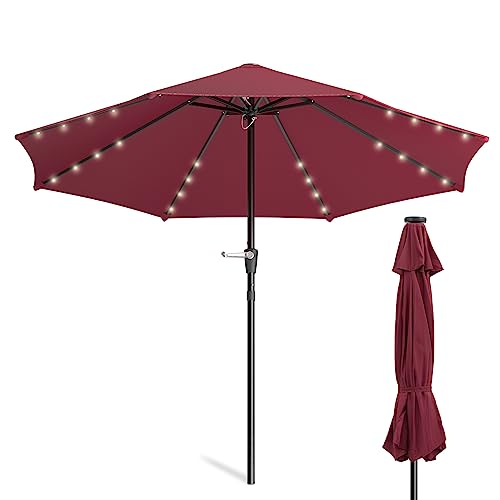 MoNiBloom 9 ft Patio Umbrellas Solar LED Lighted Patio Market Crank Lift Water-proof Umbrella with 8 Ribs and Sturdy Pole for Yard Garden Poolside Patio, Burgundy