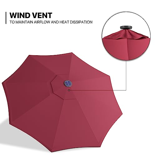 MoNiBloom 9 ft Patio Umbrellas Solar LED Lighted Patio Market Crank Lift Water-proof Umbrella with 8 Ribs and Sturdy Pole for Yard Garden Poolside Patio, Burgundy