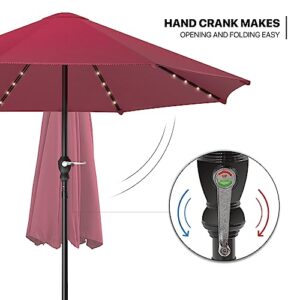 MoNiBloom 9 ft Patio Umbrellas Solar LED Lighted Patio Market Crank Lift Water-proof Umbrella with 8 Ribs and Sturdy Pole for Yard Garden Poolside Patio, Burgundy