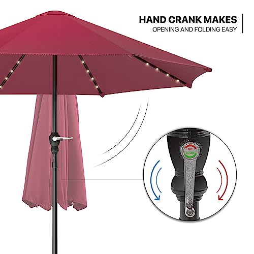 MoNiBloom 9 ft Patio Umbrellas Solar LED Lighted Patio Market Crank Lift Water-proof Umbrella with 8 Ribs and Sturdy Pole for Yard Garden Poolside Patio, Burgundy