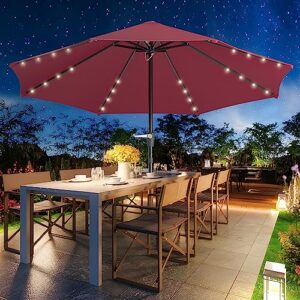 MoNiBloom 9 ft Patio Umbrellas Solar LED Lighted Patio Market Crank Lift Water-proof Umbrella with 8 Ribs and Sturdy Pole for Yard Garden Poolside Patio, Burgundy