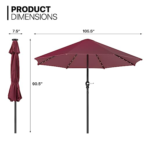 MoNiBloom 9 ft Patio Umbrellas Solar LED Lighted Patio Market Crank Lift Water-proof Umbrella with 8 Ribs and Sturdy Pole for Yard Garden Poolside Patio, Burgundy