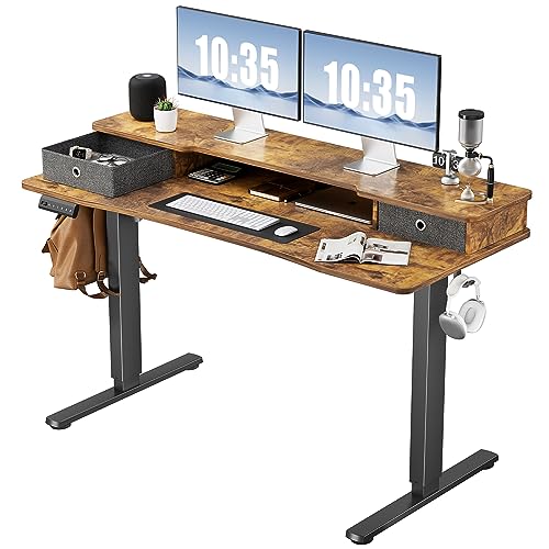 OLIXIS Double Drawers, 55 x 24 Inch Electric Sit Stand Up Desk Adjustable Height Home Office Computer Table Workstation with Splice Board, 24IN x 55IN, Rustic Brown