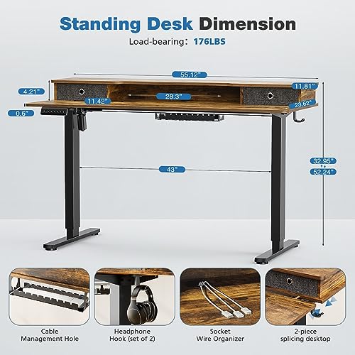 OLIXIS Double Drawers, 55 x 24 Inch Electric Sit Stand Up Desk Adjustable Height Home Office Computer Table Workstation with Splice Board, 24IN x 55IN, Rustic Brown