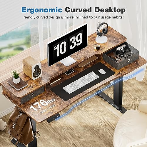 OLIXIS Double Drawers, 55 x 24 Inch Electric Sit Stand Up Desk Adjustable Height Home Office Computer Table Workstation with Splice Board, 24IN x 55IN, Rustic Brown