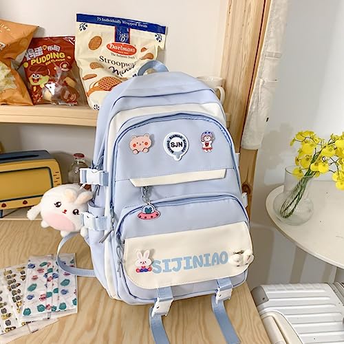 MIFJNF Cute Backpack Kawaii Backpack for School Aesthetic Backpack Kawaii School Supplies Cute Backpacks with Accessories (Blue)