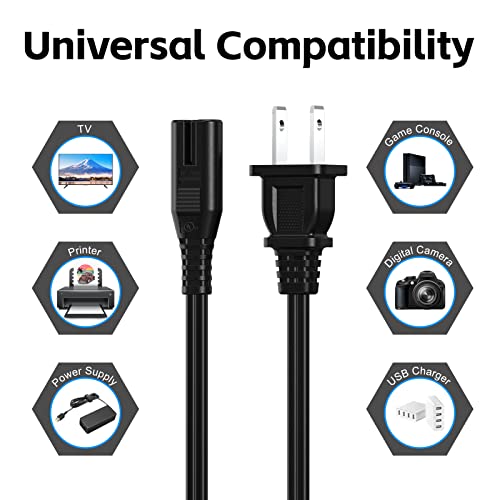 AC Power Cord 6FT(1 Pack), 2 Prong TV Power Cord, Power Supply Cable Replacement for Xbox One S, Xbox One X, Xbox Series X, PS3, PS4, PS5, Compatible for Printer, Monitor, Sound Bar, Game Console