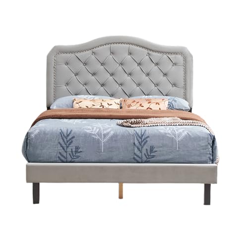 HAUSHECK Upholstered Platform Bed Queen Size, Queen Bed Frame with Button Tufted Nailhead Trim Headboard, Wood Bed Frames for Kids, Teen & Adults, Wooden Slats Support, No Box Spring Needed