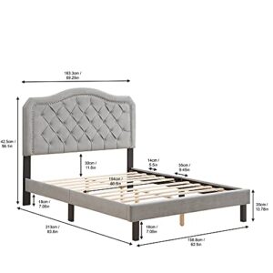 HAUSHECK Upholstered Platform Bed Queen Size, Queen Bed Frame with Button Tufted Nailhead Trim Headboard, Wood Bed Frames for Kids, Teen & Adults, Wooden Slats Support, No Box Spring Needed