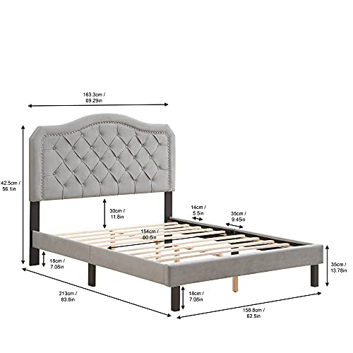 HAUSHECK Upholstered Platform Bed Queen Size, Queen Bed Frame with Button Tufted Nailhead Trim Headboard, Wood Bed Frames for Kids, Teen & Adults, Wooden Slats Support, No Box Spring Needed