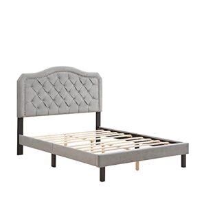 HAUSHECK Upholstered Platform Bed Queen Size, Queen Bed Frame with Button Tufted Nailhead Trim Headboard, Wood Bed Frames for Kids, Teen & Adults, Wooden Slats Support, No Box Spring Needed