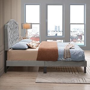 HAUSHECK Upholstered Platform Bed Queen Size, Queen Bed Frame with Button Tufted Nailhead Trim Headboard, Wood Bed Frames for Kids, Teen & Adults, Wooden Slats Support, No Box Spring Needed