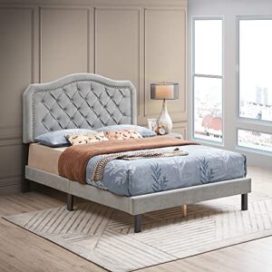 HAUSHECK Upholstered Platform Bed Queen Size, Queen Bed Frame with Button Tufted Nailhead Trim Headboard, Wood Bed Frames for Kids, Teen & Adults, Wooden Slats Support, No Box Spring Needed