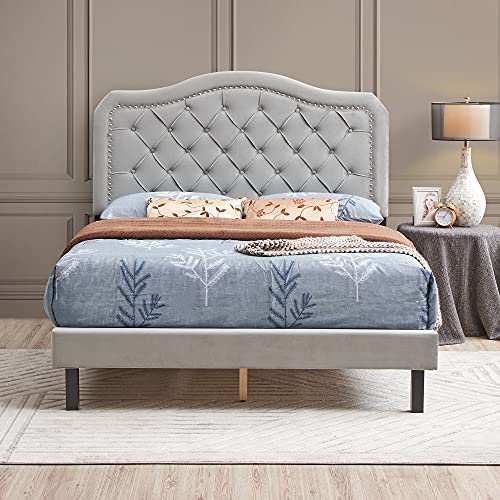 HAUSHECK Upholstered Platform Bed Queen Size, Queen Bed Frame with Button Tufted Nailhead Trim Headboard, Wood Bed Frames for Kids, Teen & Adults, Wooden Slats Support, No Box Spring Needed