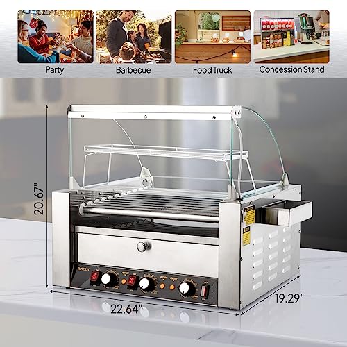 ROVSUN Hot Dog Roller Warmer 2000W, 11 Rollers 30 Hot Dog Roller Grill Cooker Machine w/Bun Warmer, Cover, Dual Temp Control, LED Light, Removable Shelf & Drip Tray for Party Home Commercial