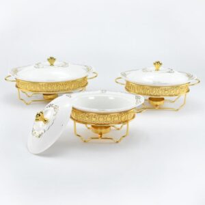 honhpd 3 piece set ceramics oval chafing dish 1.0/1.5/2.0l luxury an crown gold food warmer set for buffet weddings, parties, banquets, catering events, golden