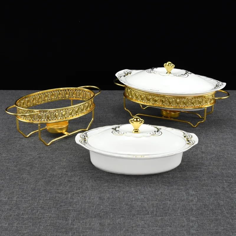 HONHPD 3 Piece Set Ceramics Oval Chafing Dish 1.0/1.5/2.0L Luxury an Crown Gold Food Warmer Set for Buffet Weddings, Parties, Banquets, Catering Events, Golden