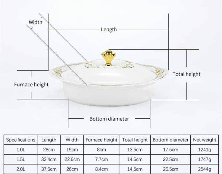 HONHPD 3 Piece Set Ceramics Oval Chafing Dish 1.0/1.5/2.0L Luxury an Crown Gold Food Warmer Set for Buffet Weddings, Parties, Banquets, Catering Events, Golden