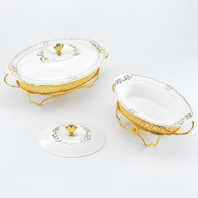 HONHPD 3 Piece Set Ceramics Oval Chafing Dish 1.0/1.5/2.0L Luxury an Crown Gold Food Warmer Set for Buffet Weddings, Parties, Banquets, Catering Events, Golden