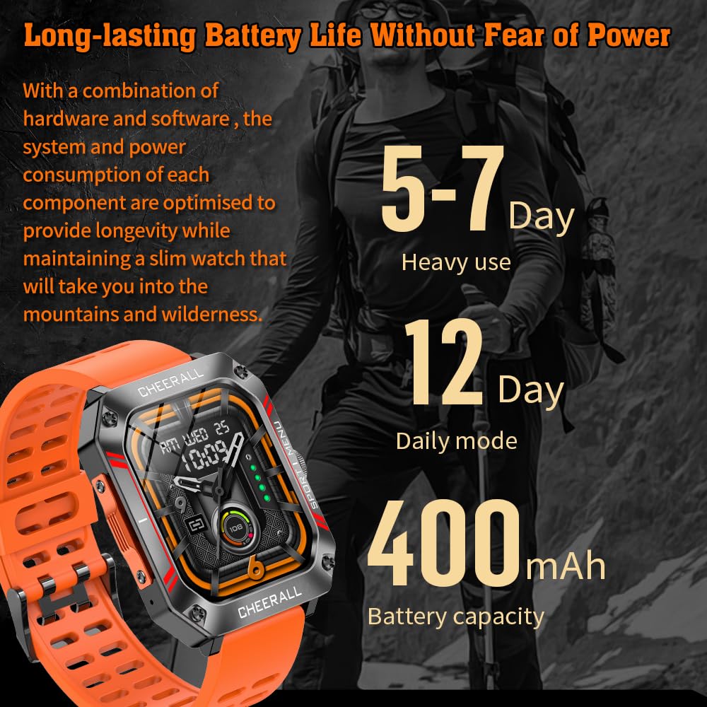 Cheerall 2.02” HD Touch Screen Military Smart Watch for Answer Make Calls, Tactical Fitness Tracker with Games 120+ Workout Modes Heart Rate SpO2 Sleep Monitor for Android iOS (Orange)