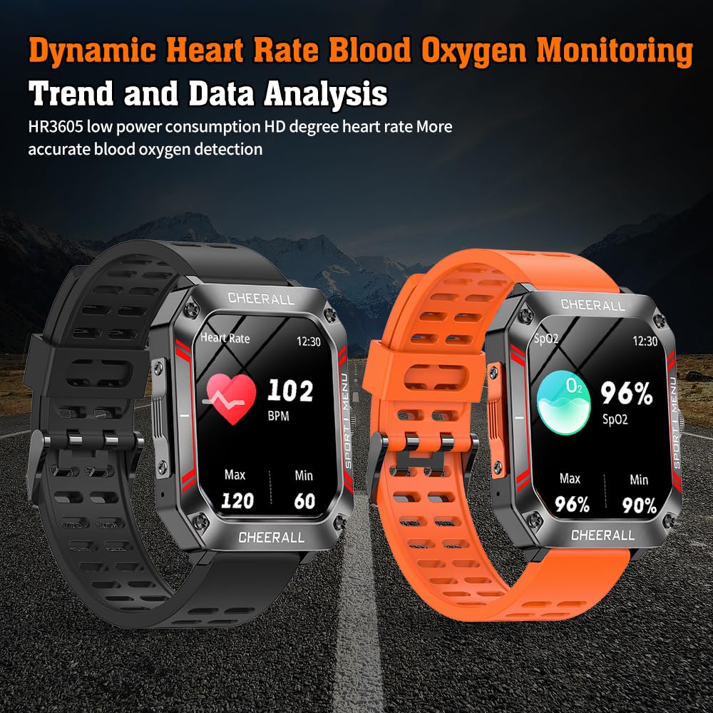 Cheerall 2.02” HD Touch Screen Military Smart Watch for Answer Make Calls, Tactical Fitness Tracker with Games 120+ Workout Modes Heart Rate SpO2 Sleep Monitor for Android iOS (Orange)