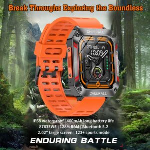 Cheerall 2.02” HD Touch Screen Military Smart Watch for Answer Make Calls, Tactical Fitness Tracker with Games 120+ Workout Modes Heart Rate SpO2 Sleep Monitor for Android iOS (Orange)